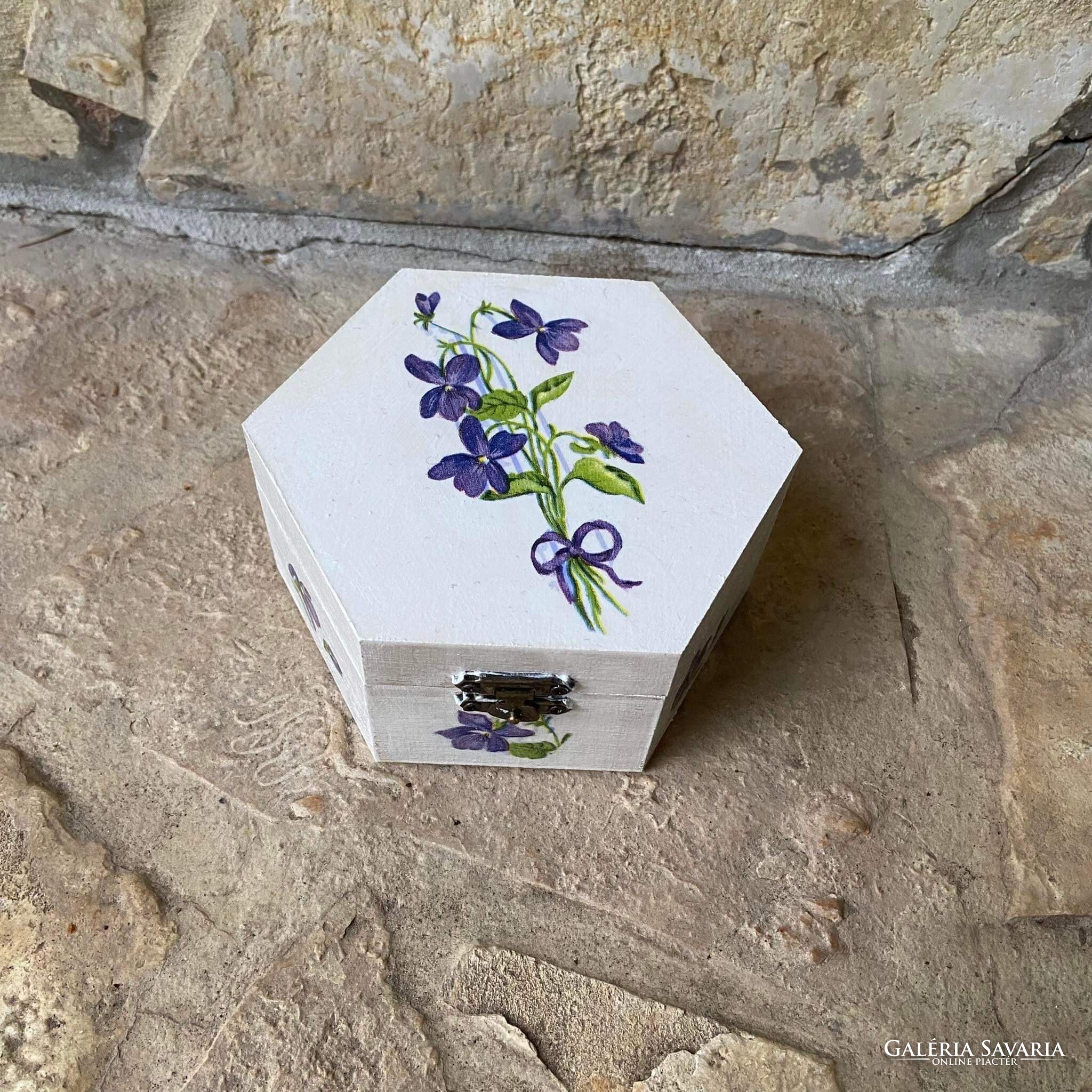 Decoupage violet motif antique white effect hexagonal gift box treasure ...