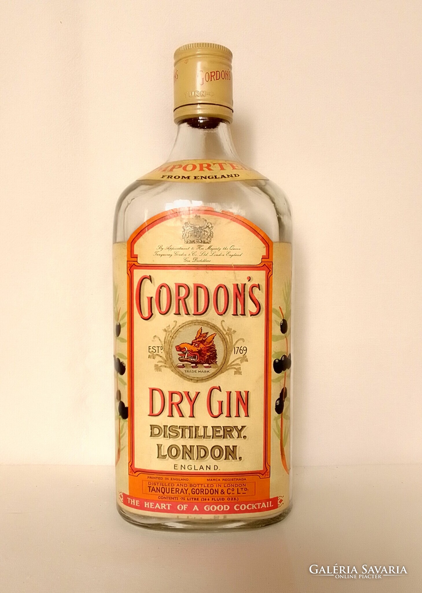Old gordon's dry gin English liquor glass bottle with a boar's head ...