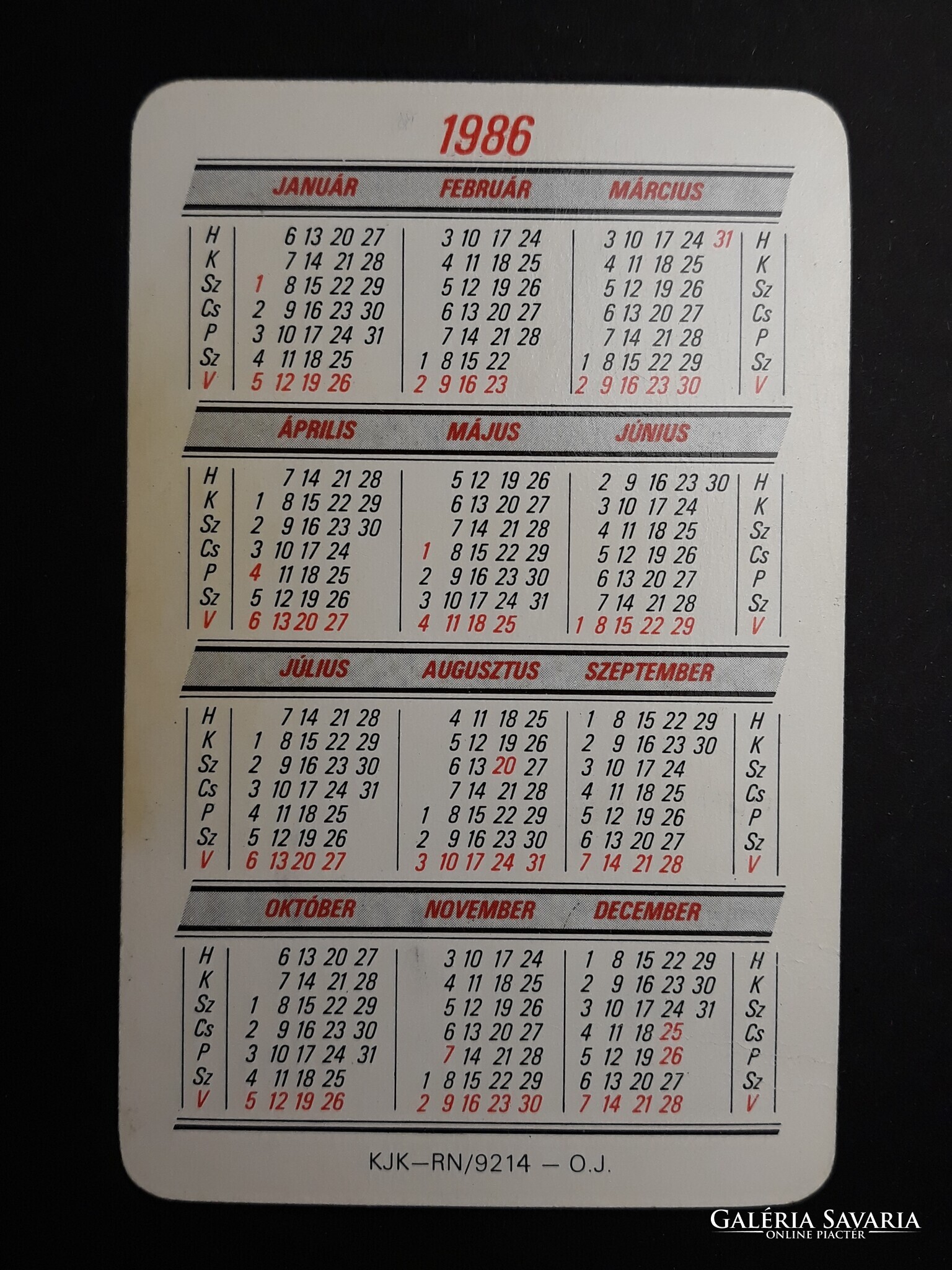 Card calendar 1986 - with afés catering inscription - retro calendar ...