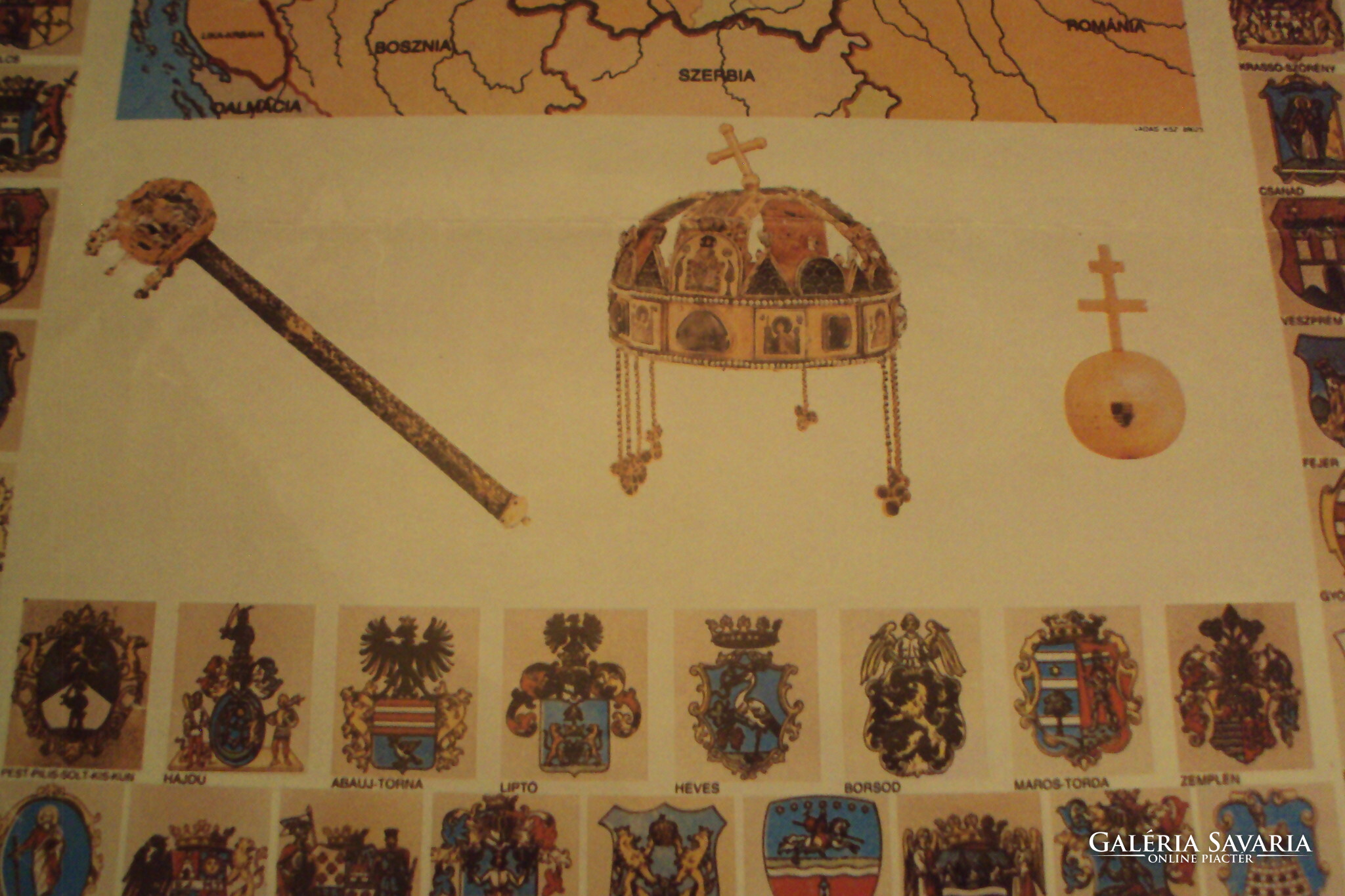 Hungarian historical map--coronation jewels and coats of arms of 64 ...
