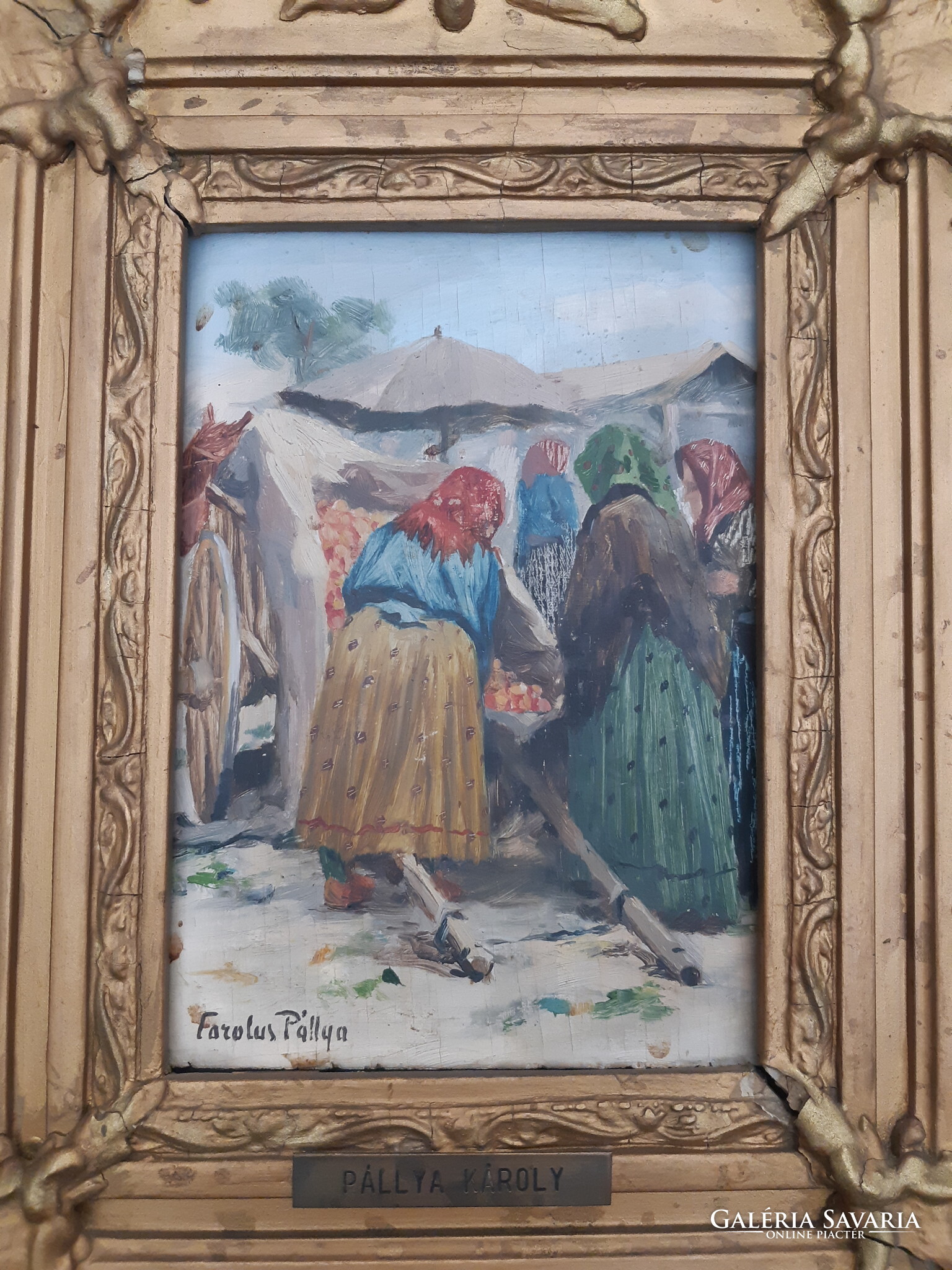 Pállya Károly Carolus 1875-1948 piaci, vásári jelenet című olaj, fa ...