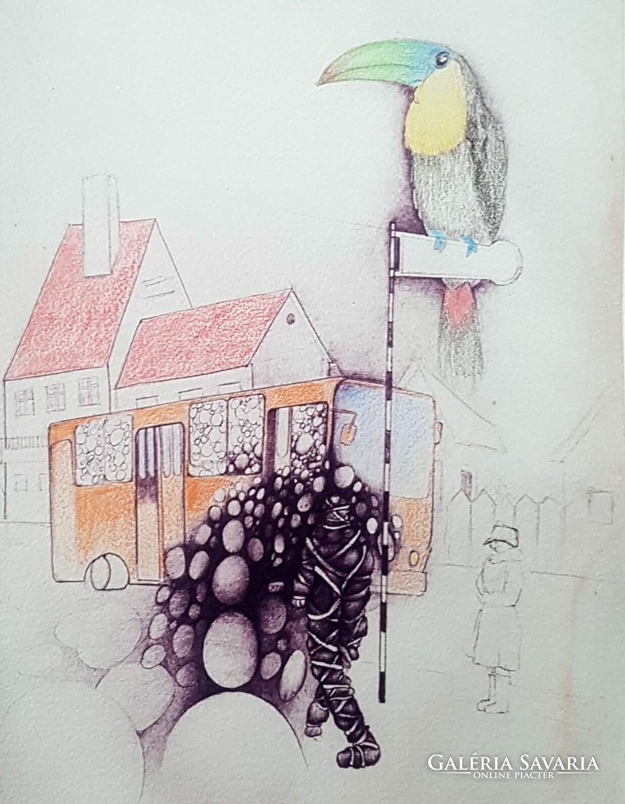 Ef Zámbó István - Buszmegálló 58 x 41 cm EBP, merített papír - Festmény ...