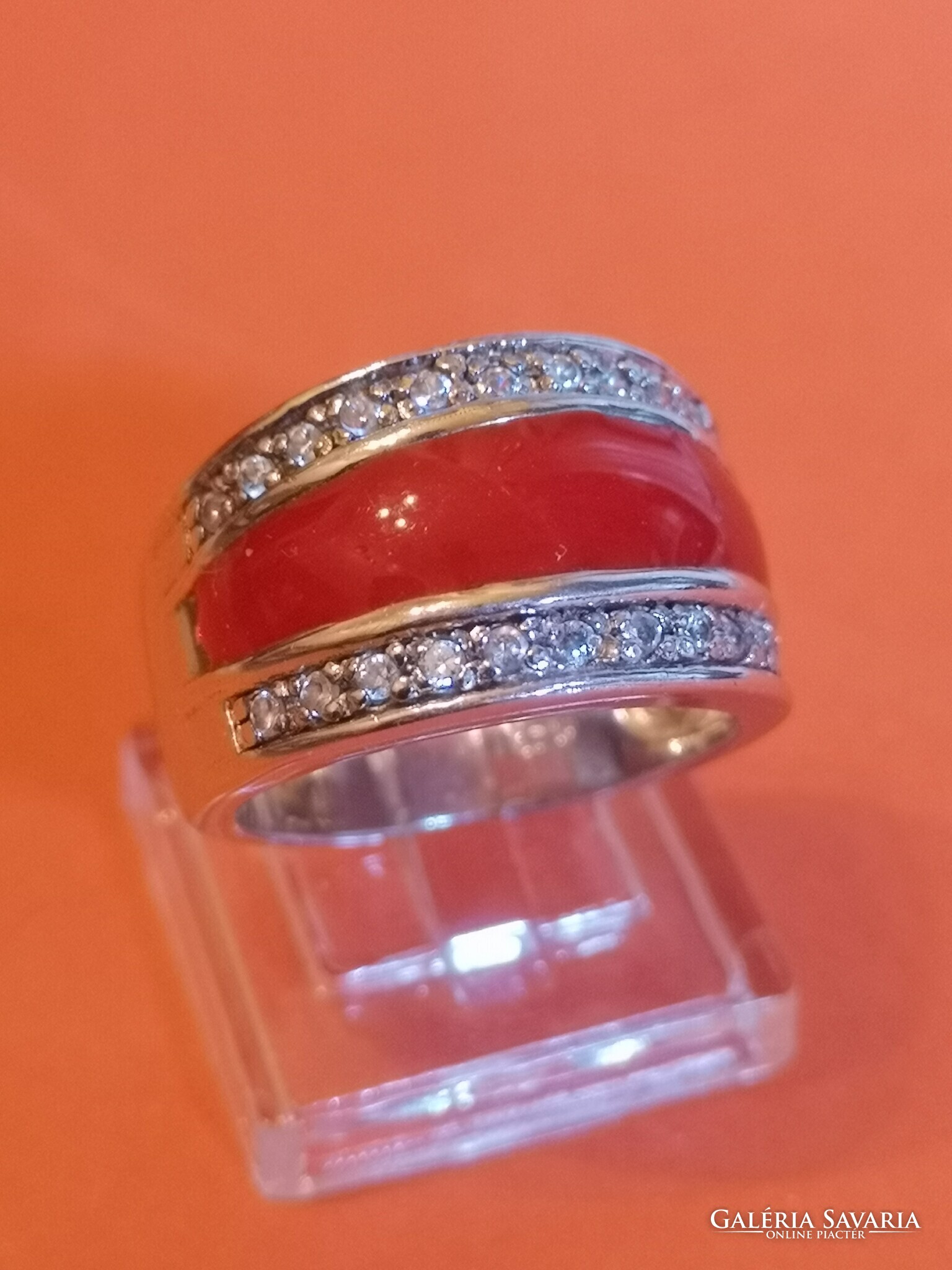 925-ös masszív vörös tűzzománc ezüst gyűrű oldalán sok apró cirkonia ...