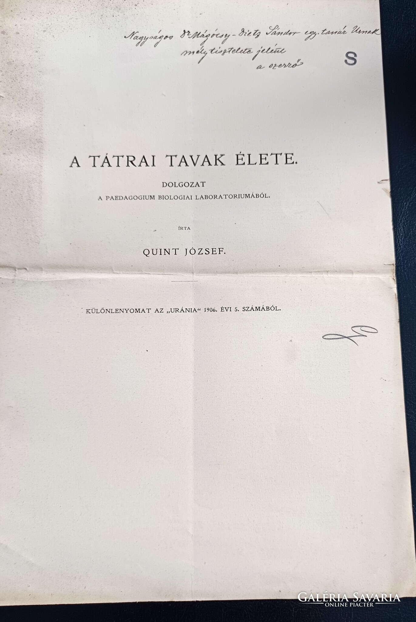 QUINT JÓZSEF A TÁTRAI TAVAK ÉLETE 1906. Dedikált!!!! - Könyv | Galéria ...