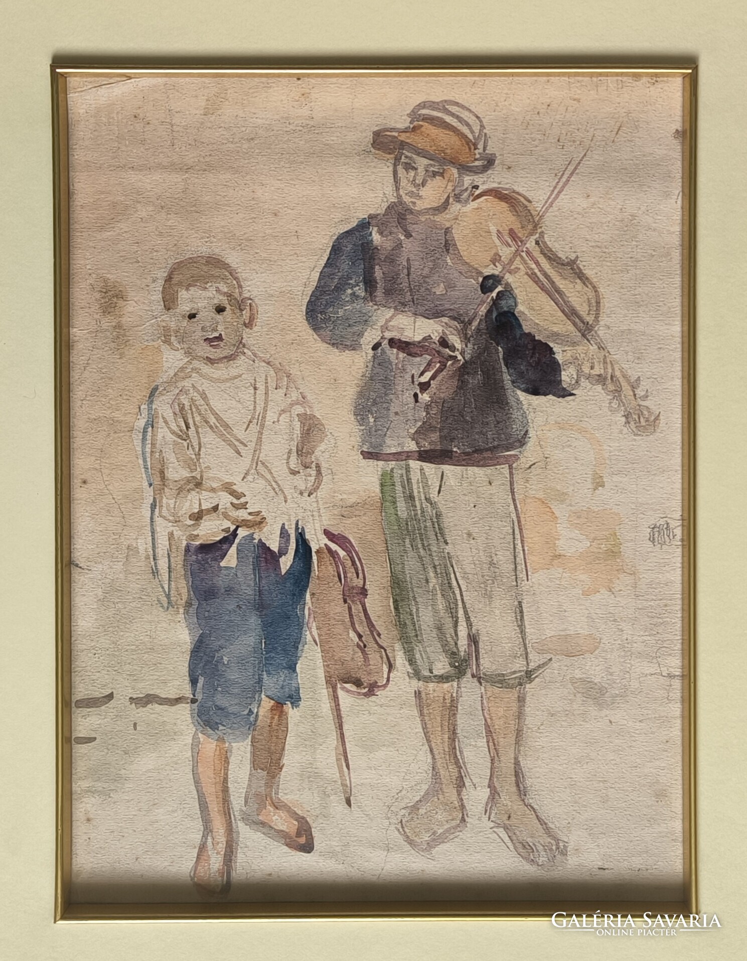 Egerváry Potemkin Ágost(1858-1930): Hegedülő gyerekek. Akvarell ...