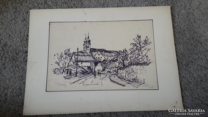Réti Mátyás Tihany utcakép, tus rajz 1976 Balaton - Kép, grafika ...