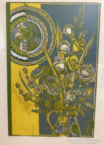 Józsa János (1936-2016) Virágok , színes linómetszet - Kép, grafika ...